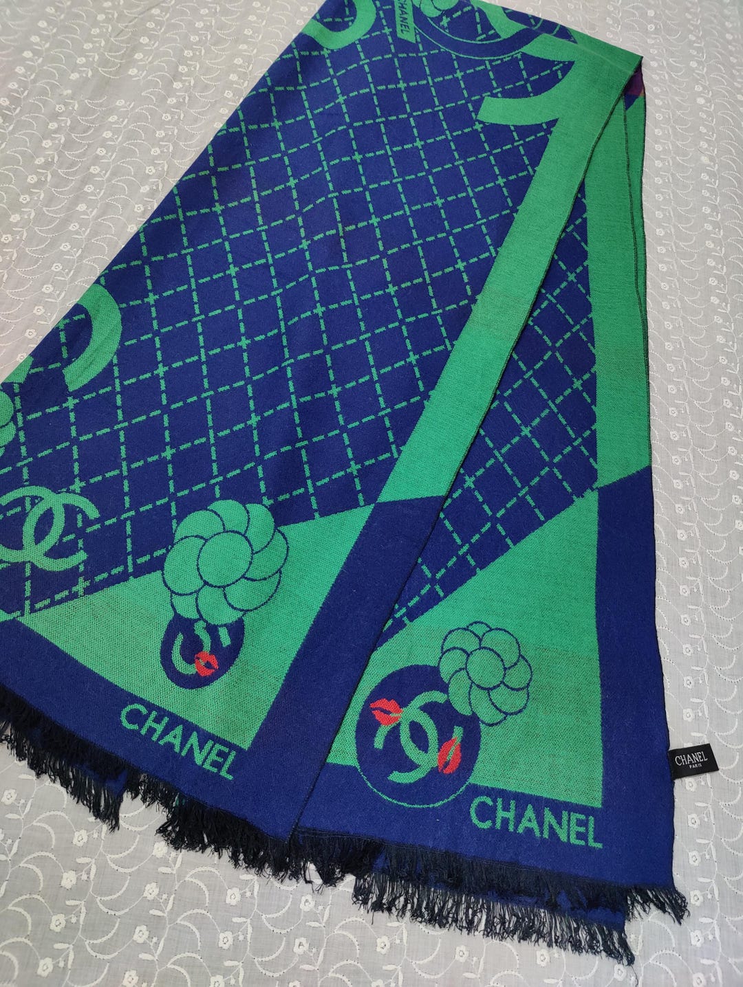 Authentic Chanel Scarf Shawl Wrap Multicolor Cc Logo Cashmere Soie ...