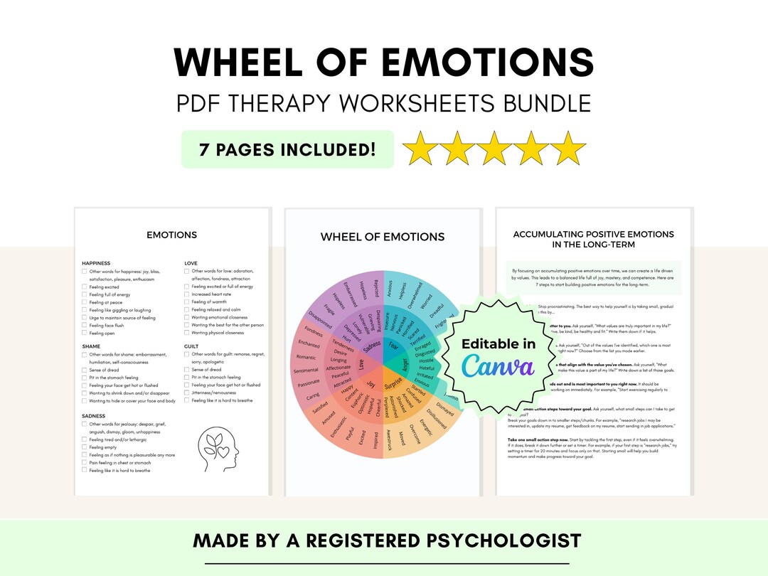 Wheel of Emotions Therapy Education Handouts With Canva Editable PLR ...