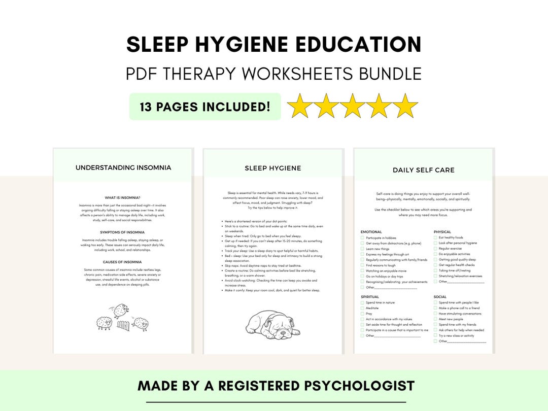 Sleep Hygiene Worksheets: Therapy Exercises for Insomnia & Mindfulness ...