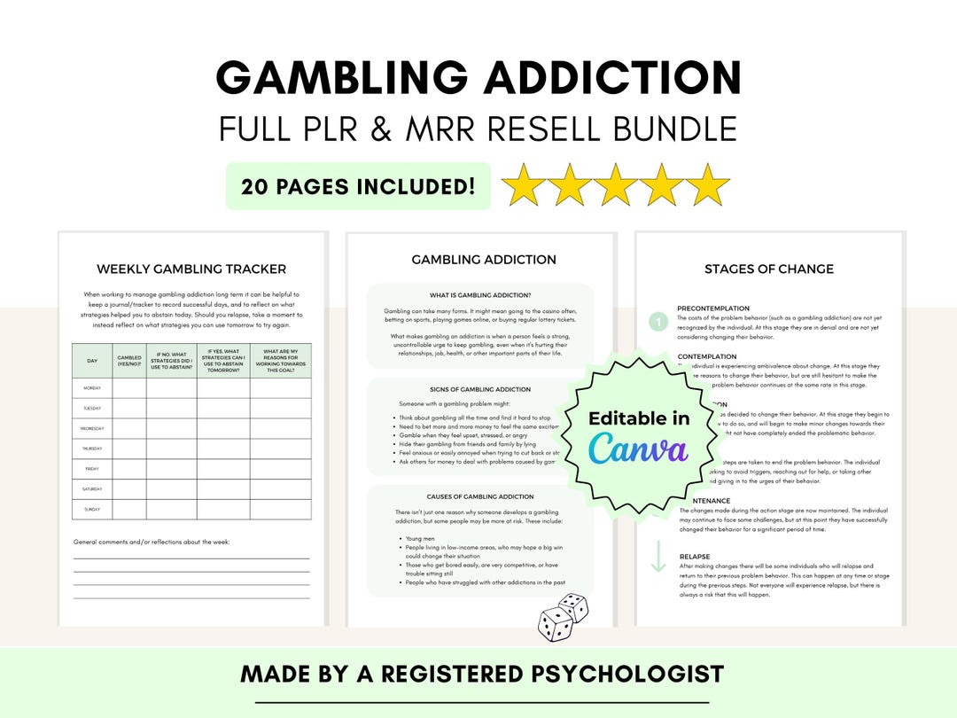 Gambling Addiction Therapy Worksheets, Canva Editable, PLR/MMR (digital ...