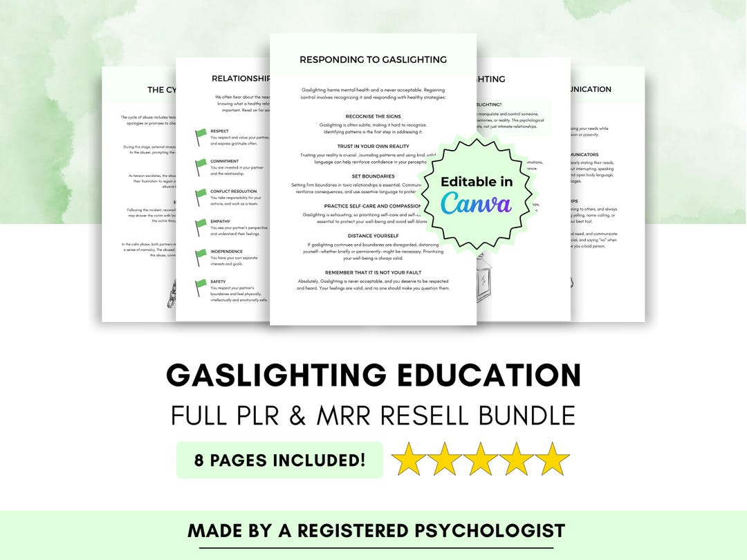 Gaslighting Therapy Worksheets Bundle With PLR and MRR Canva Templates ...