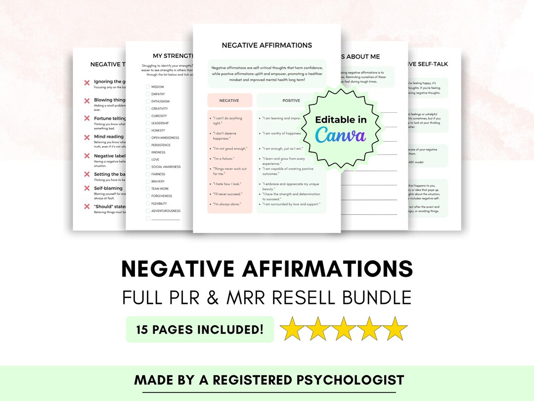 Negative Affirmations Worksheets: Canva Editable, PLR & MRR (digital ...