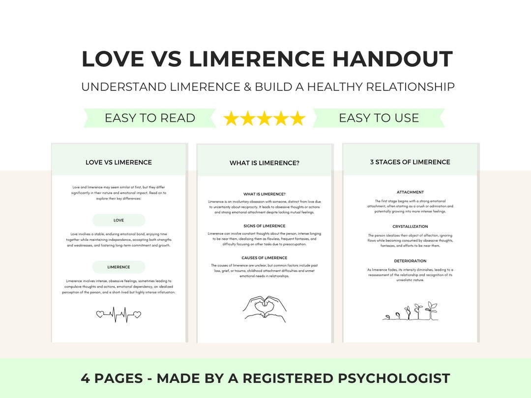 Love Vs Limerence Therapy Education Handouts for Adults & Teens Understanding and Overcoming ...