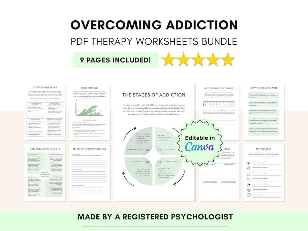 Addiction Therapy Worksheets, Canva Editable With Private Label and ...