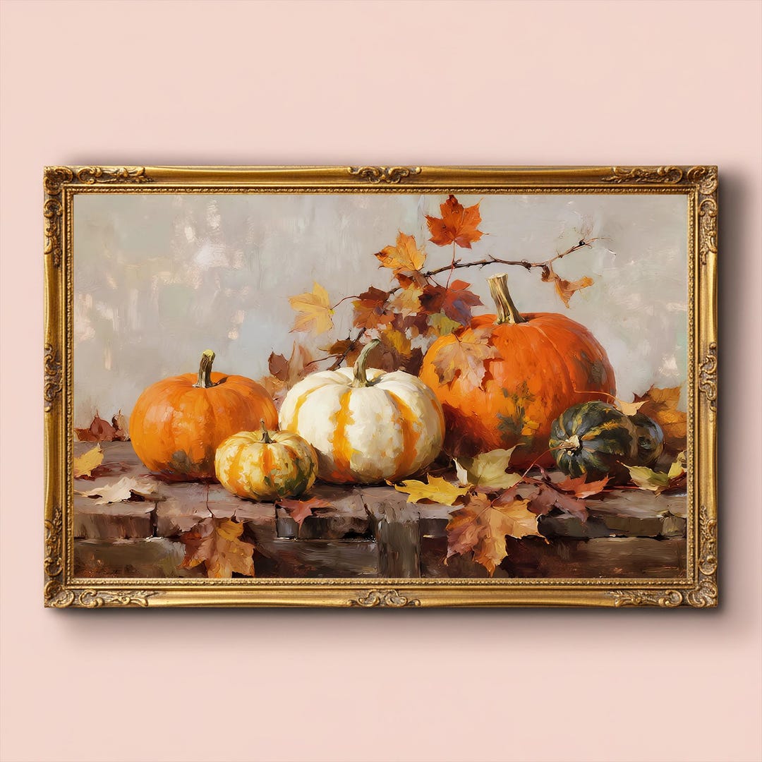Pumpkin and Autumn Leaves Oil Painting – Fall Harvest Still Life Canvas ...