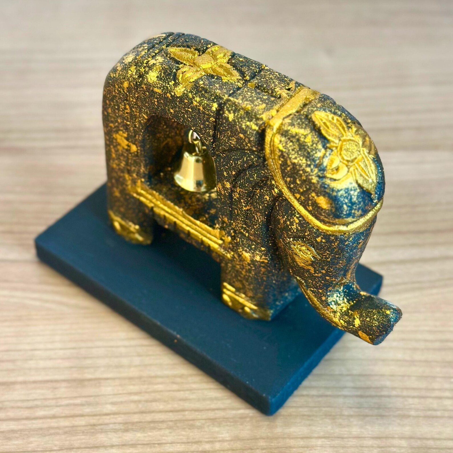 Handcarved Elephant With Bell: Wood Brass Figurine Symbolic Decor - Etsy