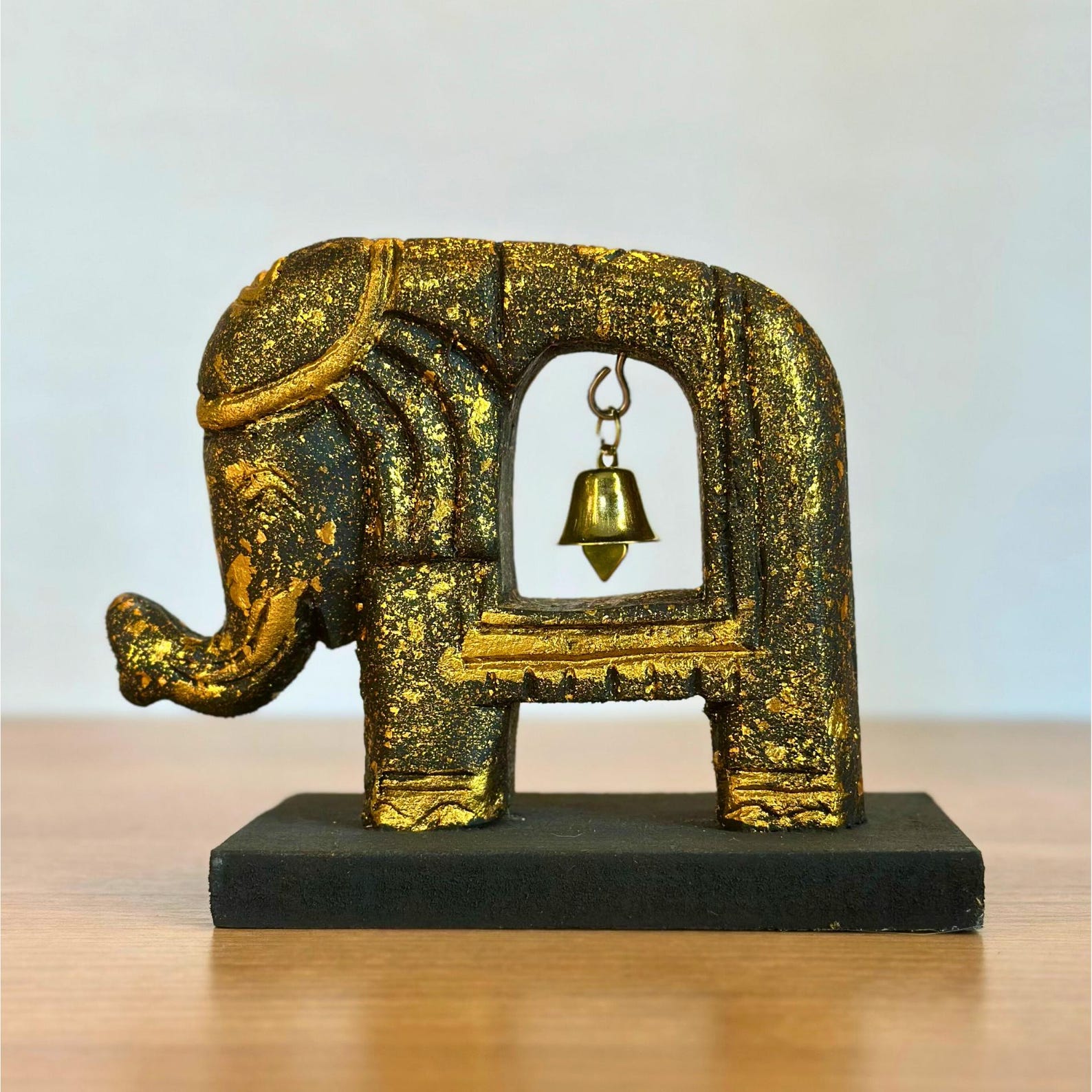 Handcarved Elephant With Bell: Wood Brass Figurine Symbolic Decor - Etsy