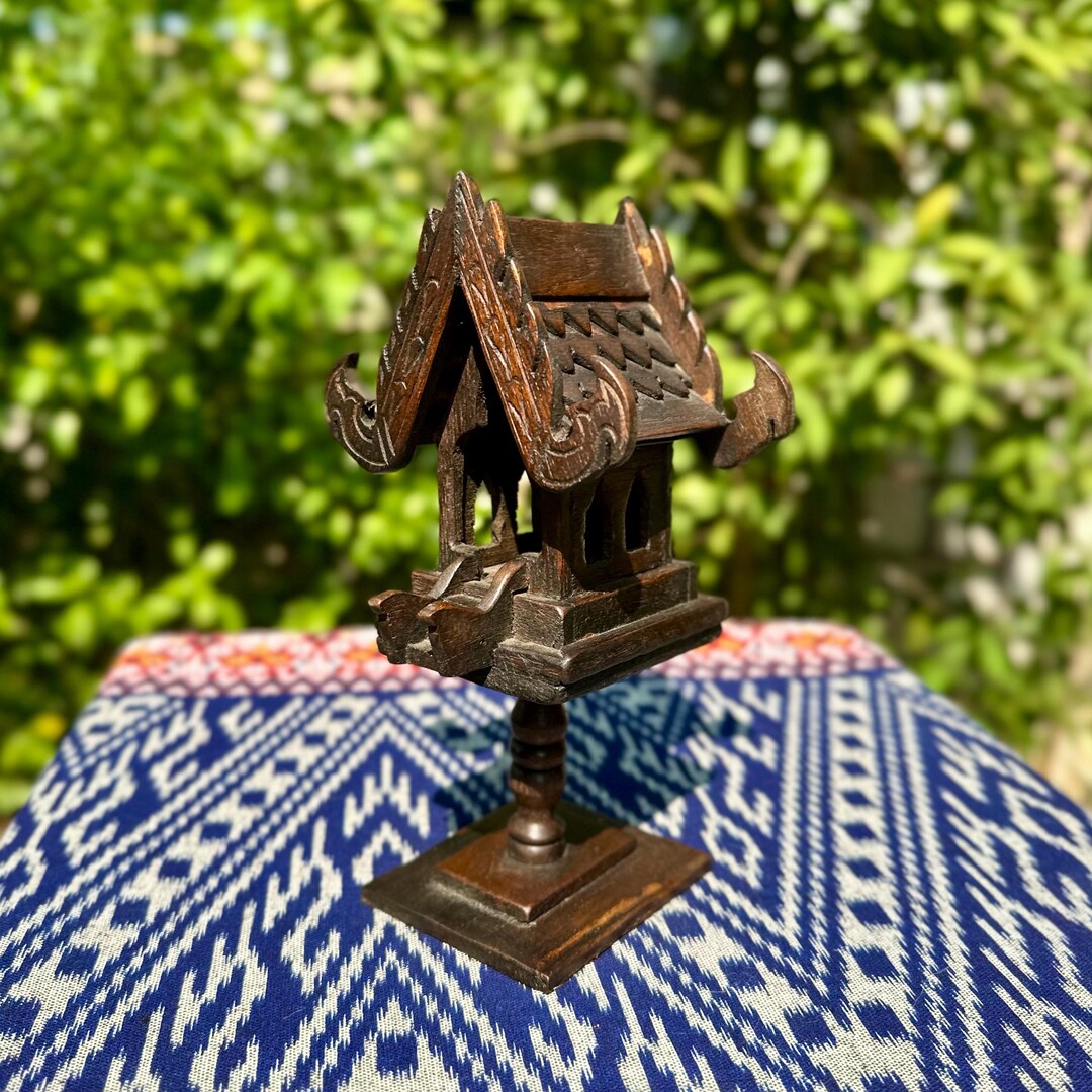 Hand Carved Teak Wood Spirit House on Stand | Thai Folk Art Decor ...
