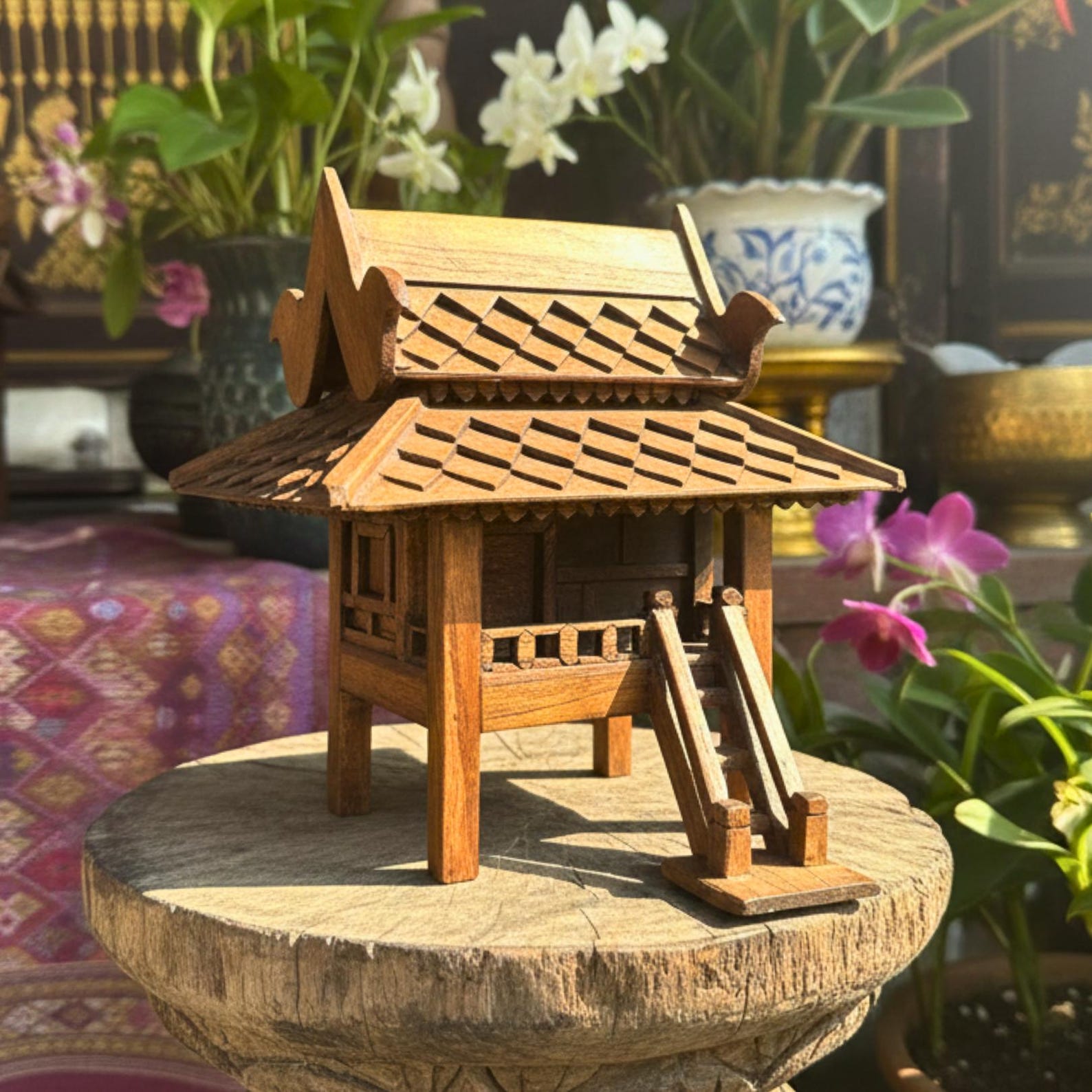 Teak Wood Spirit House 11 Inch Architectural Miniature for Zen Home ...
