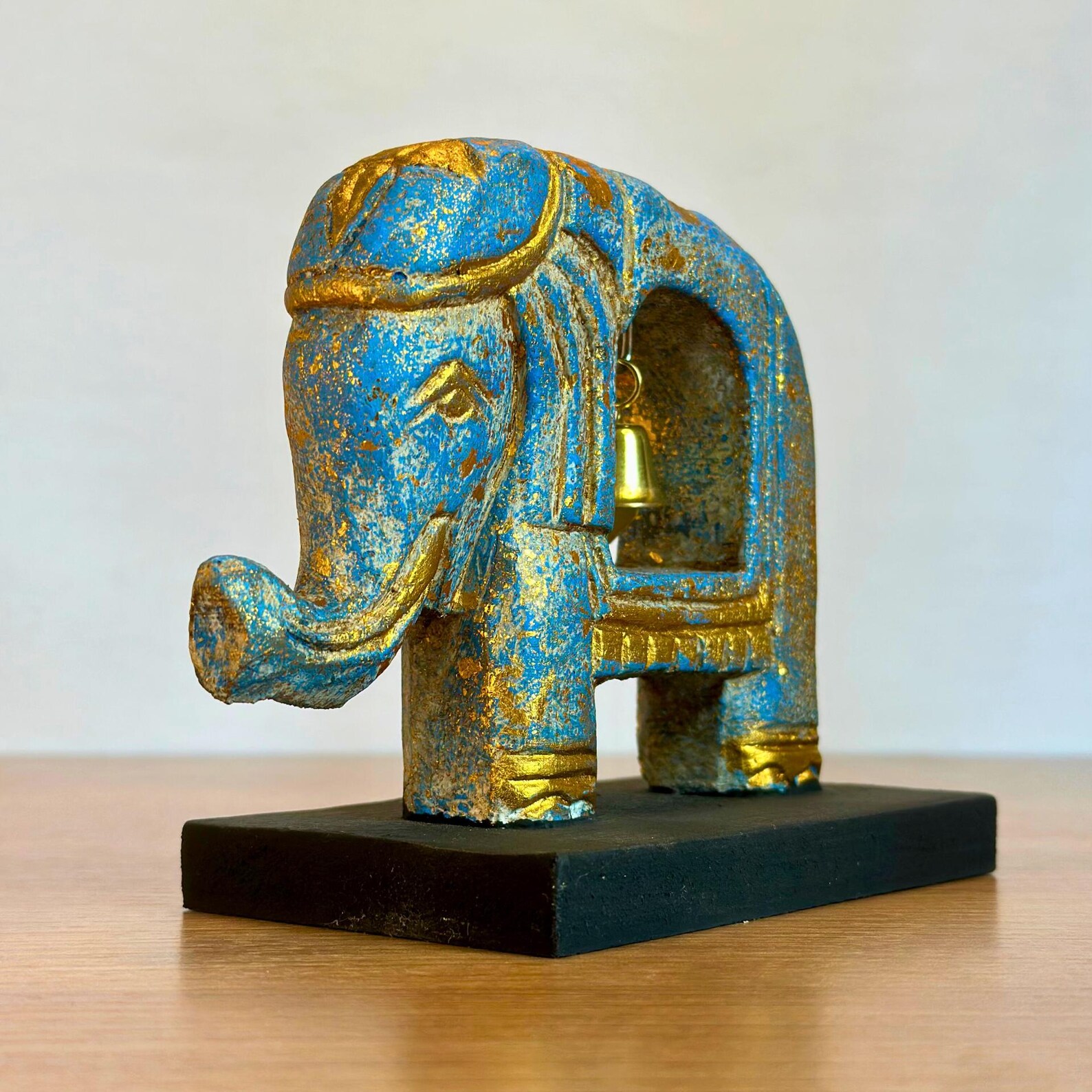 Handcarved Elephant With Bell: Wood Brass Figurine Symbolic Decor - Etsy