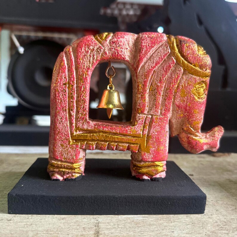 Handcarved Elephant With Bell: Wood Brass Figurine Symbolic Decor - Etsy
