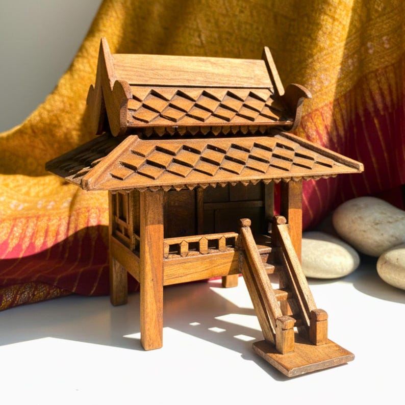Teak Wood Spirit House 11 Inch Architectural Miniature for Zen Home ...