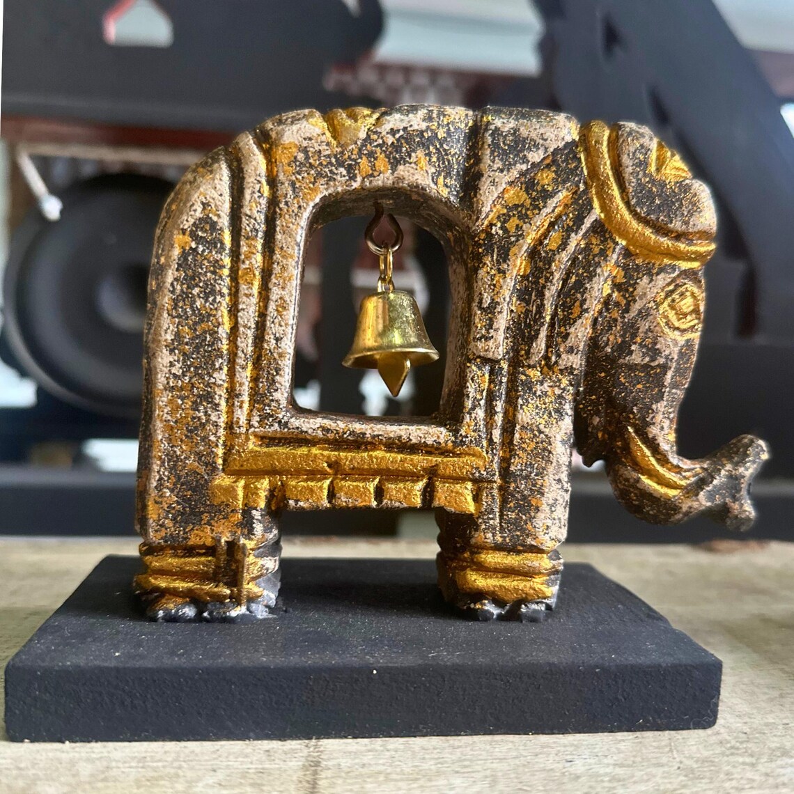 Handcarved Elephant With Bell: Wood Brass Figurine Symbolic Decor - Etsy