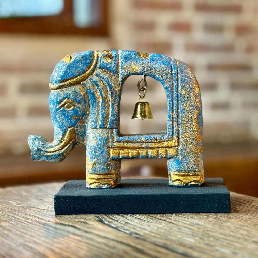 Handcarved Elephant With Bell: Wood Brass Figurine Symbolic Decor - Etsy