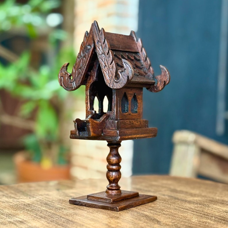 Hand Carved Acacia Wood Thai Spirit House Sculpture: Vintage Sacred ...