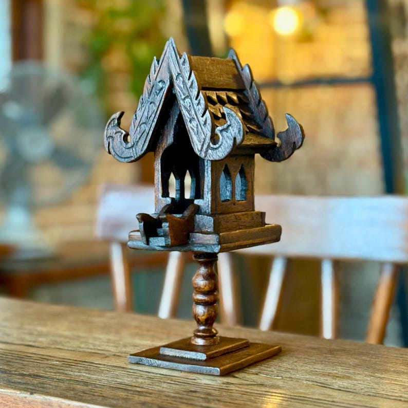 Hand Carved Acacia Wood Thai Spirit House Sculpture: Vintage Sacred ...
