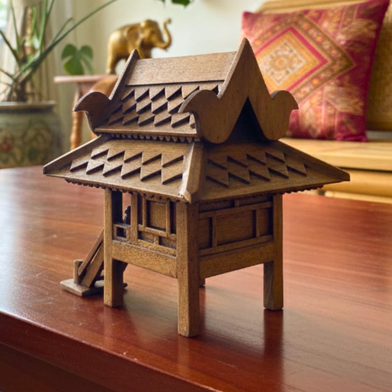 Teak Wood Spirit House 11 Inch Architectural Miniature for Zen Home ...