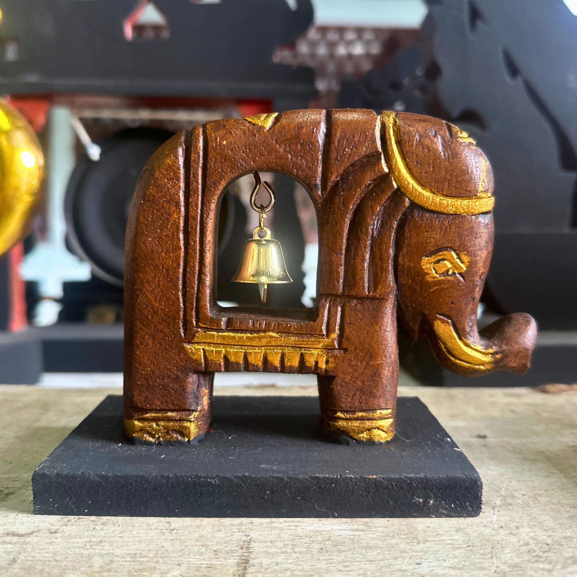 Handcarved Elephant With Bell: Wood Brass Figurine Symbolic Decor - Etsy