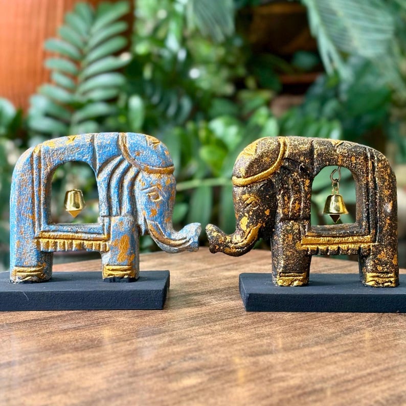 Handcarved Elephant With Bell: Wood Brass Figurine Symbolic Decor - Etsy
