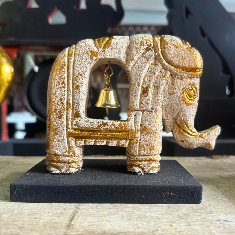 Handcarved Elephant With Bell: Wood Brass Figurine Symbolic Decor - Etsy