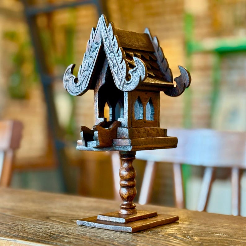 Hand Carved Acacia Wood Thai Spirit House Sculpture: Vintage Sacred ...