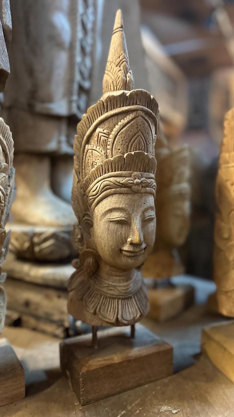 Thai Noble Mask Bust | Hand Carved Wooden Head Sculpture | Traditional ...