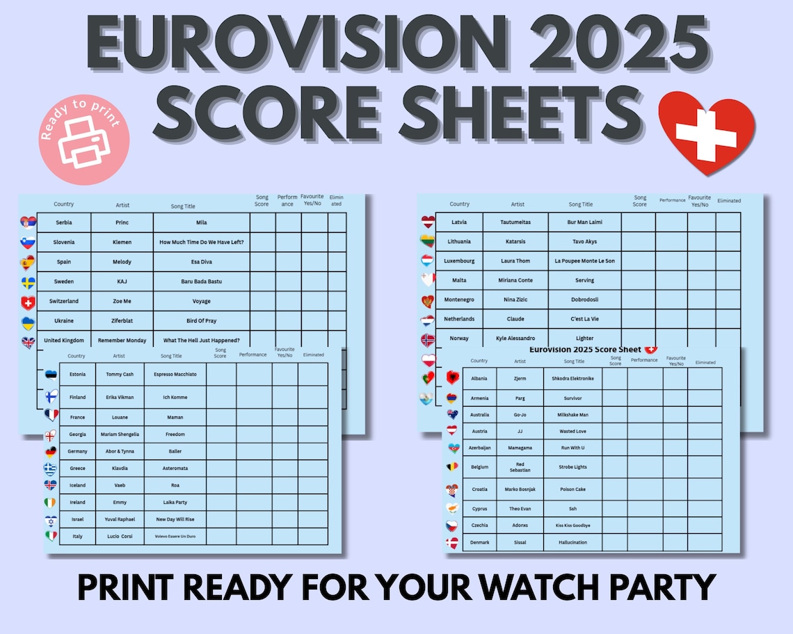 Eurovision 2025 Score Cards, Eurovision Watch Party, Score Sheet ...