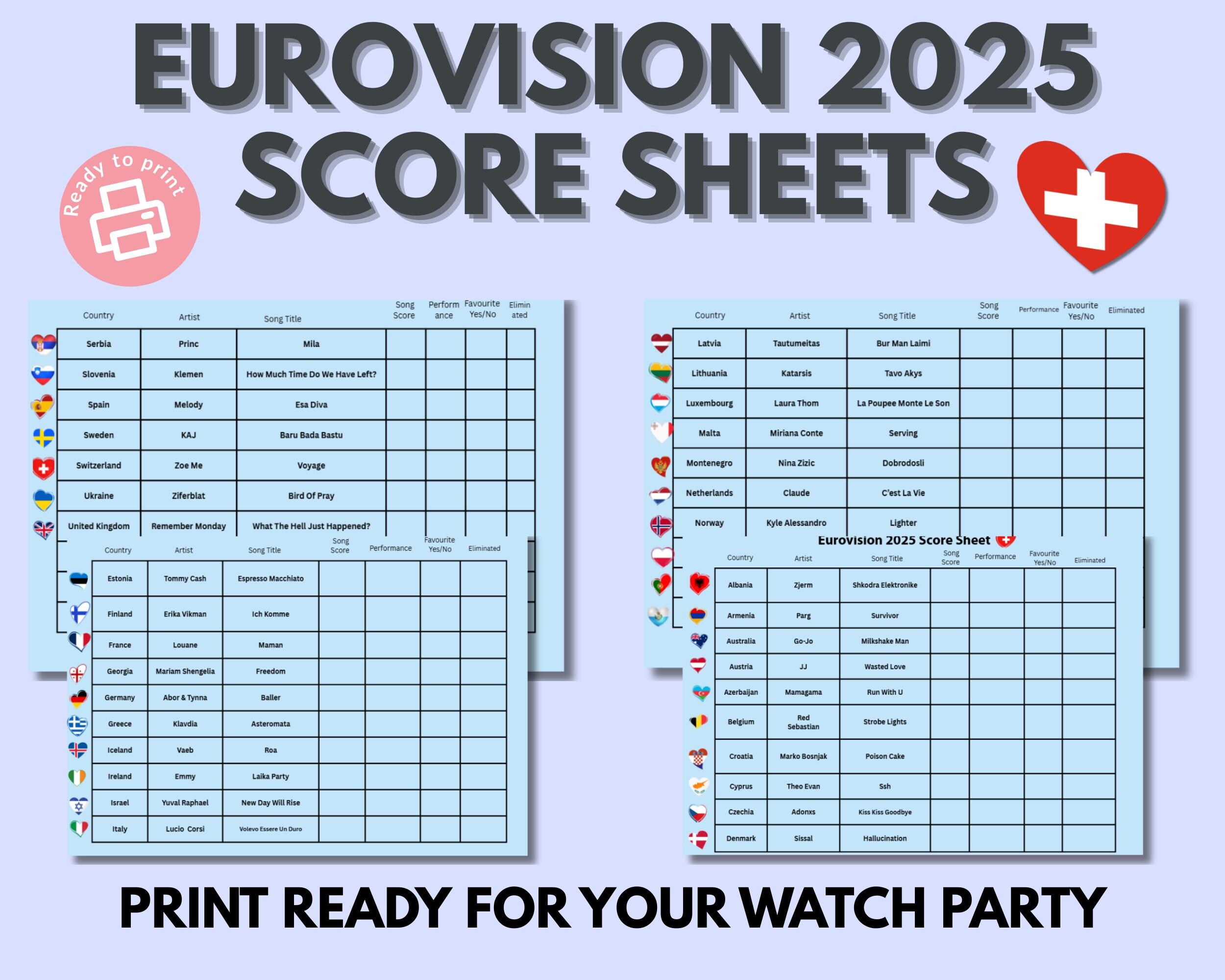 Eurovision 2025 Score Cards, Eurovision Watch Party, Score Sheet ...