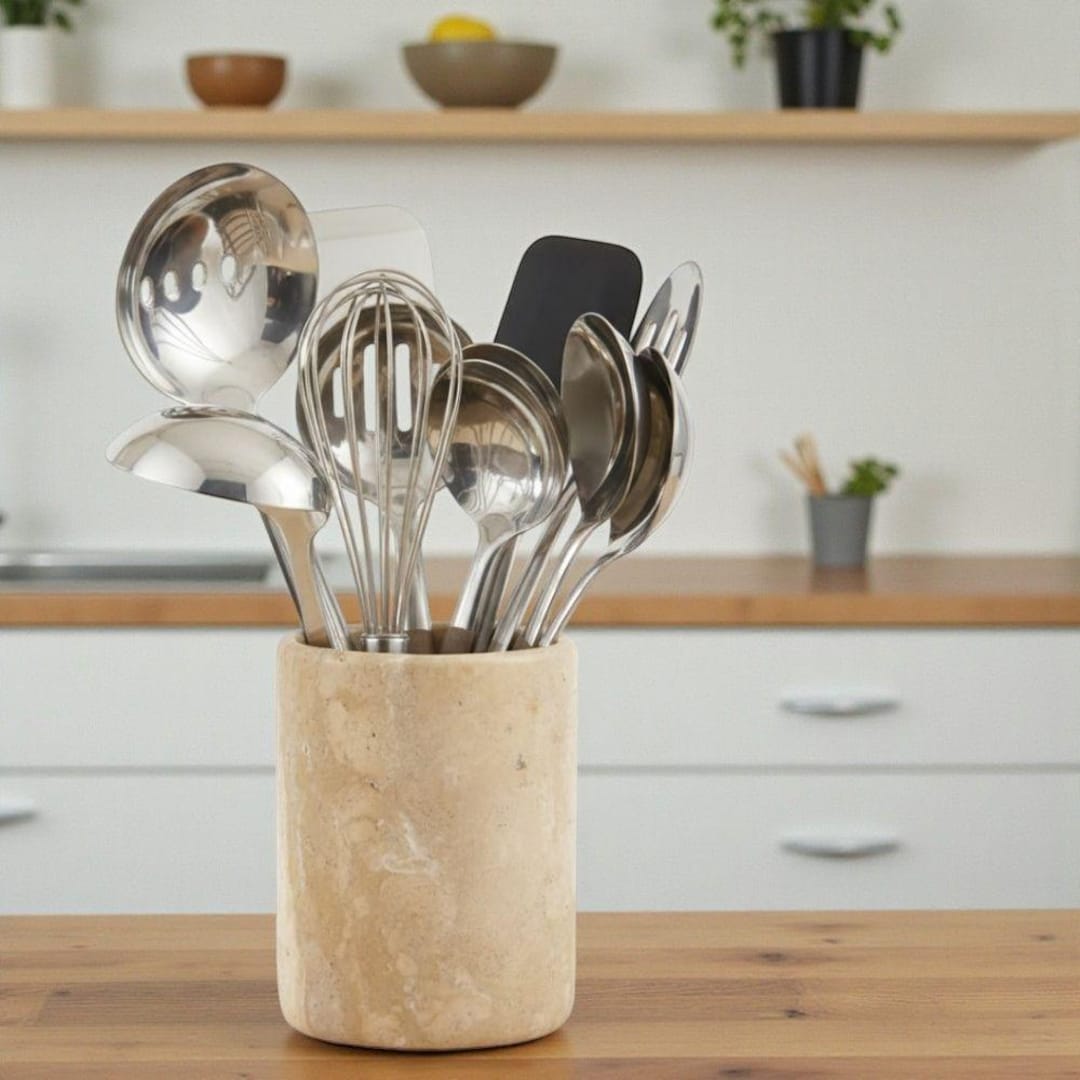 Travertine Marble Utensil Holder 6.5” Beige Stone Kitchen Utensil Crock ...