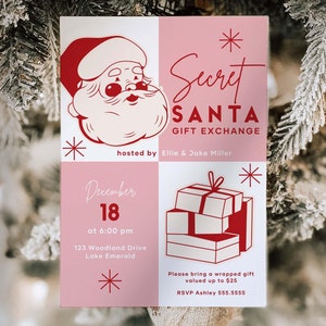Secret Santa Invitation Template, Christmas Gift Exchange Invitation, Retro Christmas Party ...