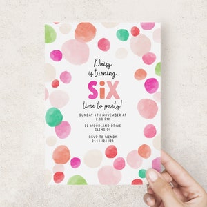 Modern 6th Birthday Invitation, Editable Polka Dot Party Invite ...