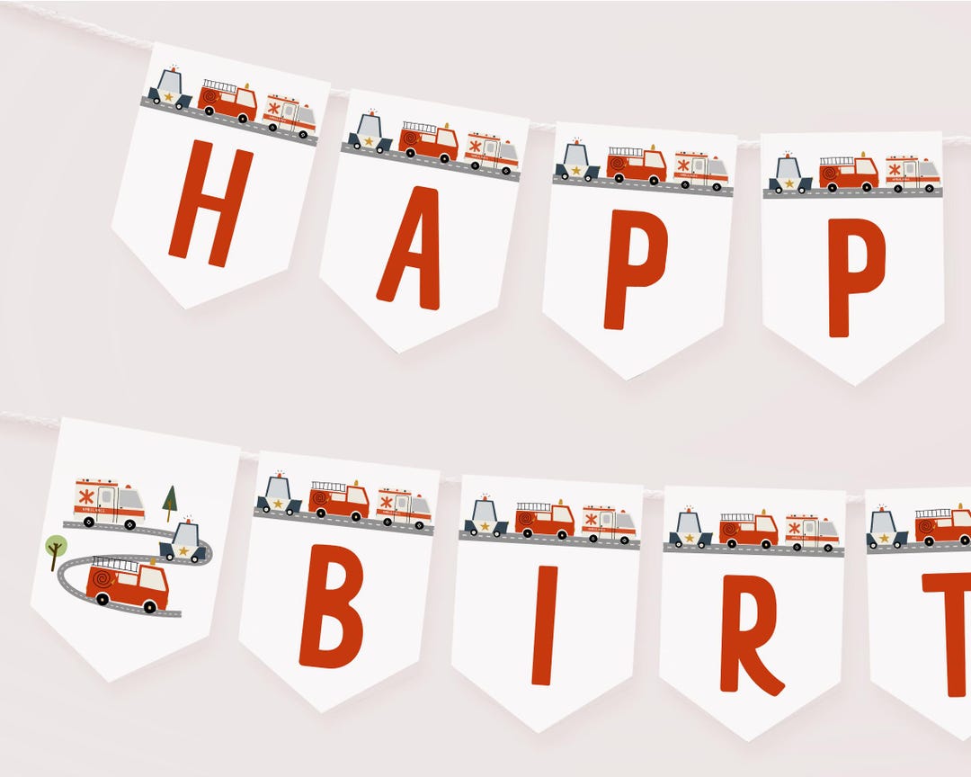 Fire Engine Birthday Banner Template, Boy Birthday Bunting, Emergency ...