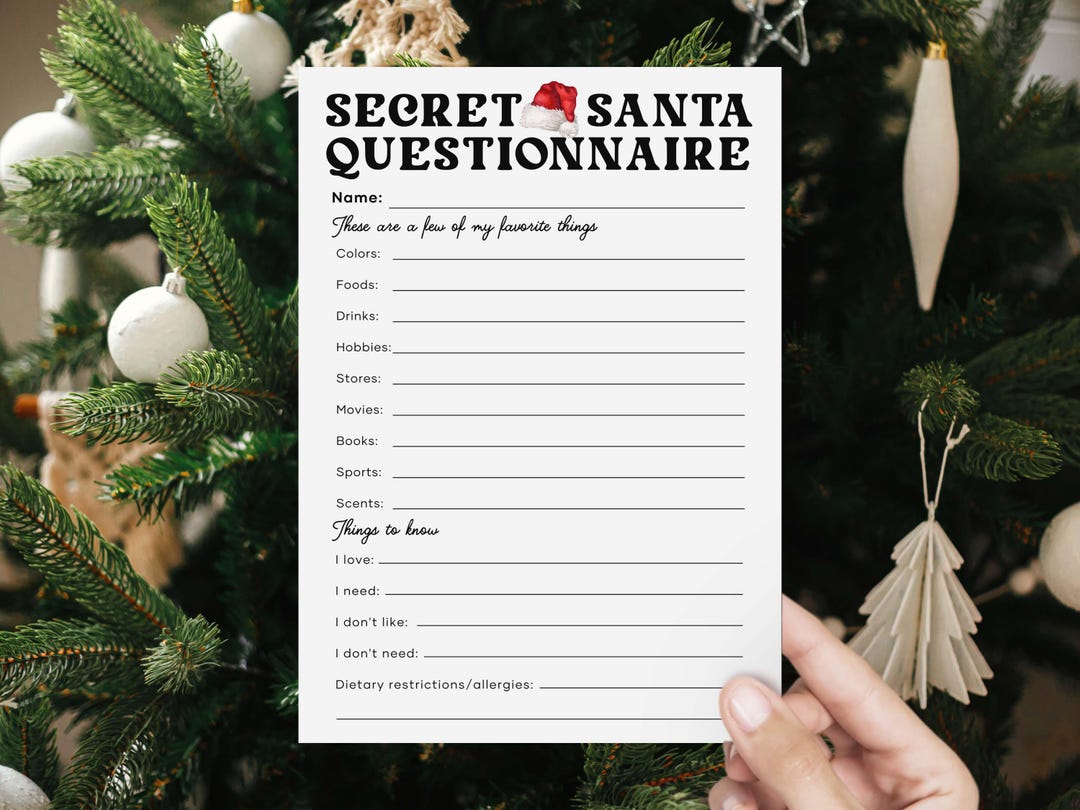 Secret Santa Questionnaire, Printable Secret Santa Quiz, Kris Kringle Survey Editable Template ...