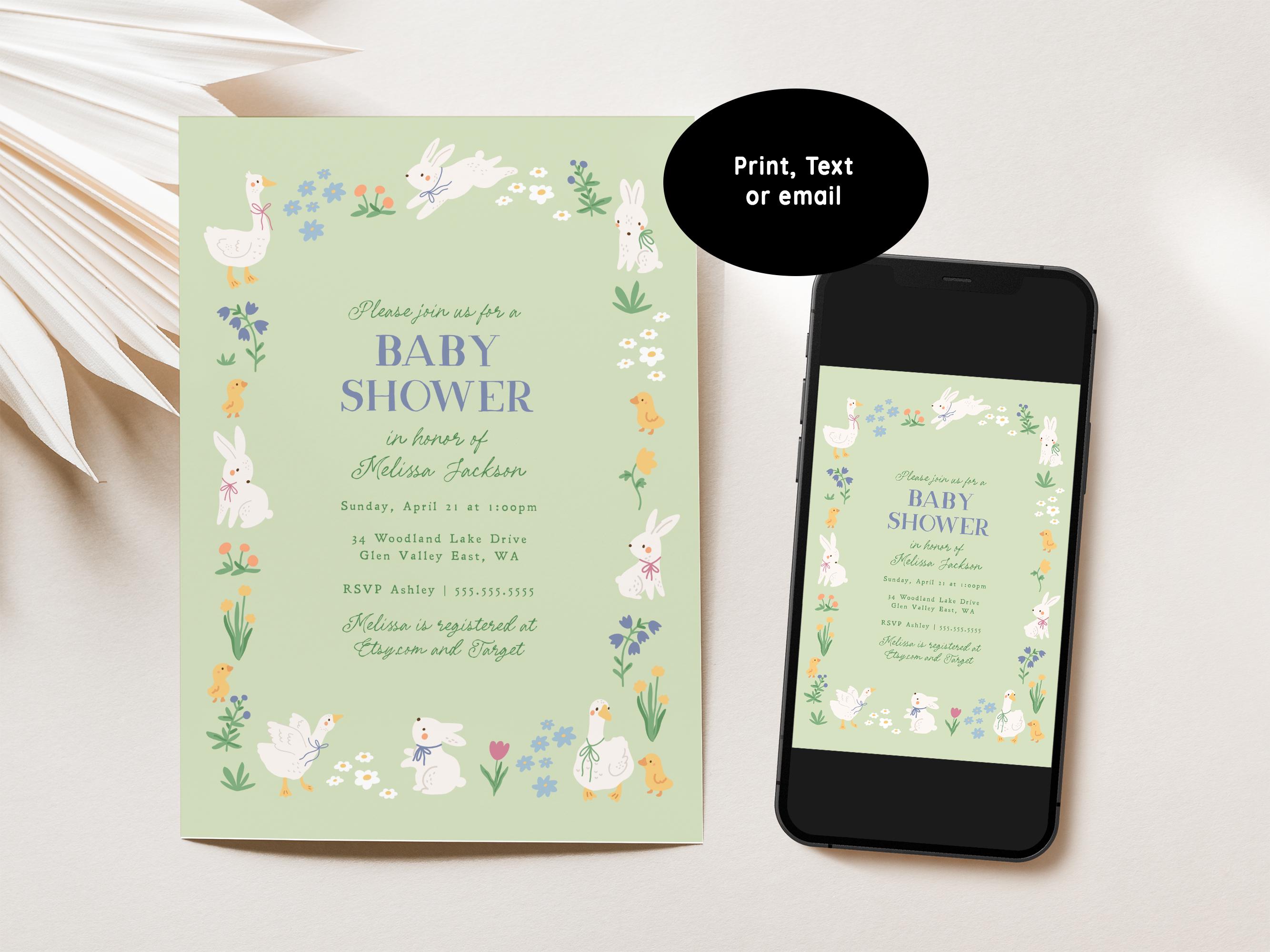 Spring Baby Shower Invitation Suite, Bunny and Goose Baby Shower Invite ...