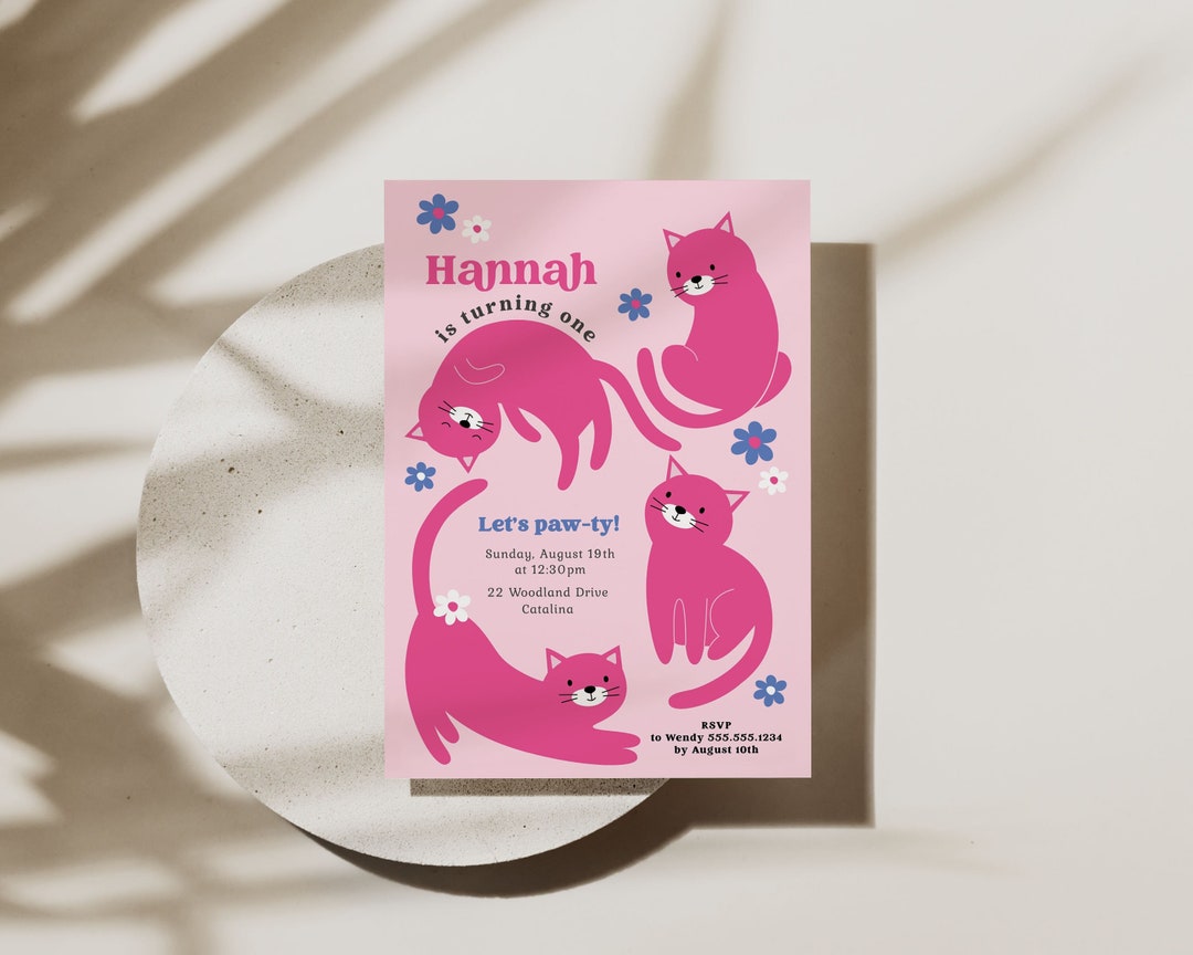 Pink Cat Birthday Invitation, Printable Cat Party Invite Template ...