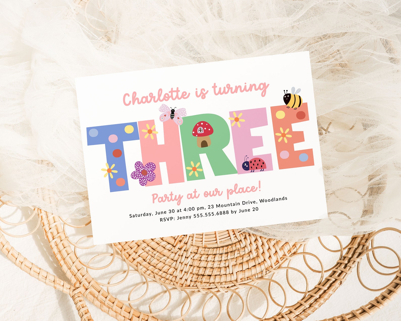 Modern 3rd Birthday Invitation, Cute Bugs Third Birthday Party Invite ...