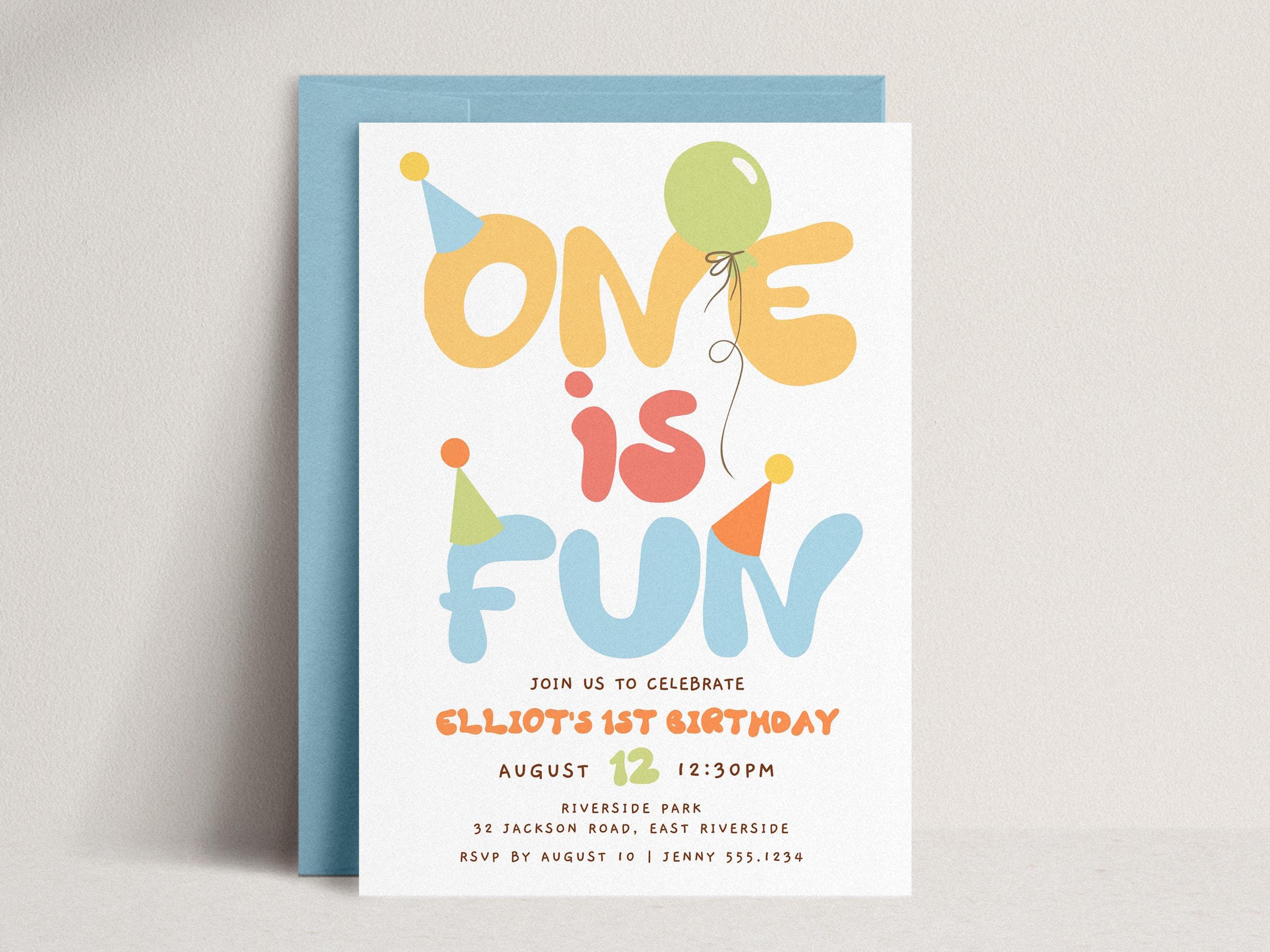 One is Fun Invitation, Colorful 1st Birthday Party Invitation Template ...