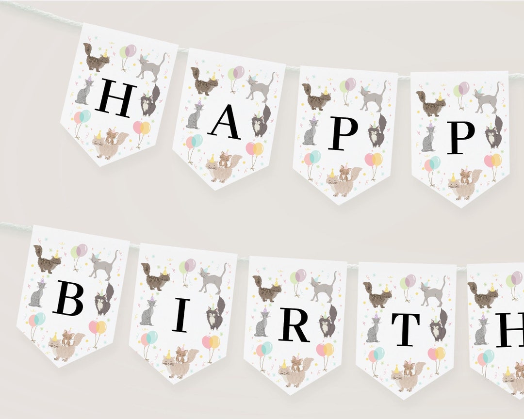 Cat Happy Birthday Banner, Printable Kitten Birthday Bunting, Girl Cat ...