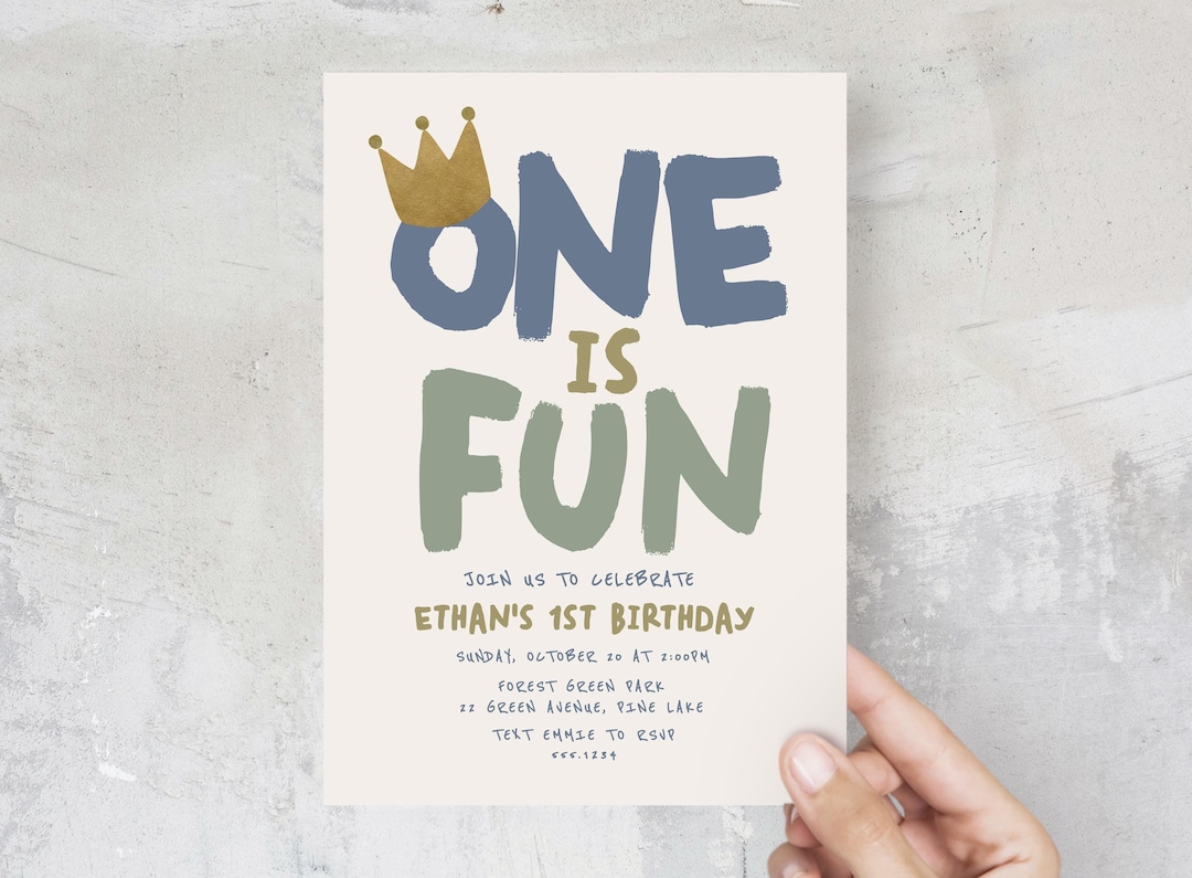One is Fun Invitation, Boy 1st Birthday Crown Evite Template B844 - Etsy