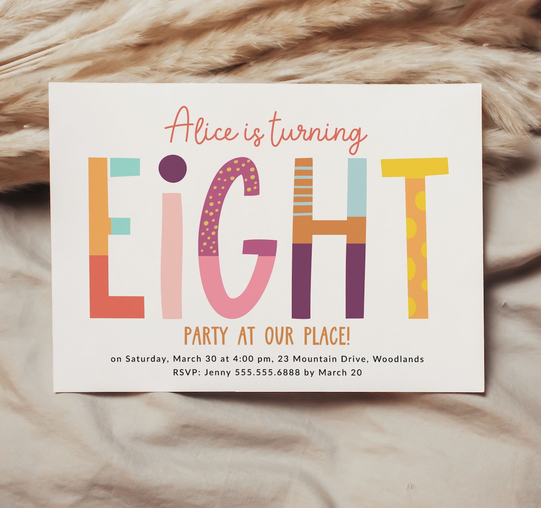 Girl 8th Birthday Invitation Template, Printable Colorful Eighth ...