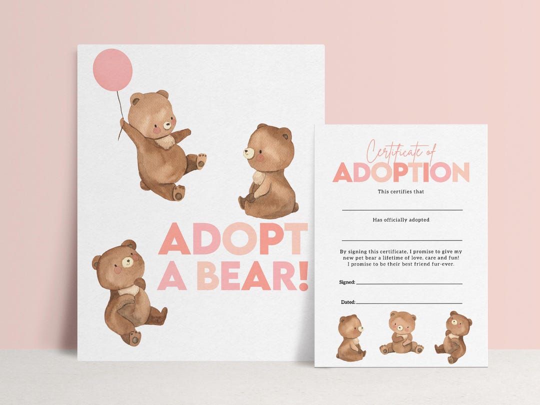 Adopt a Bear Sign, Beary 1st Birthday Games, Adoption Certificate ...