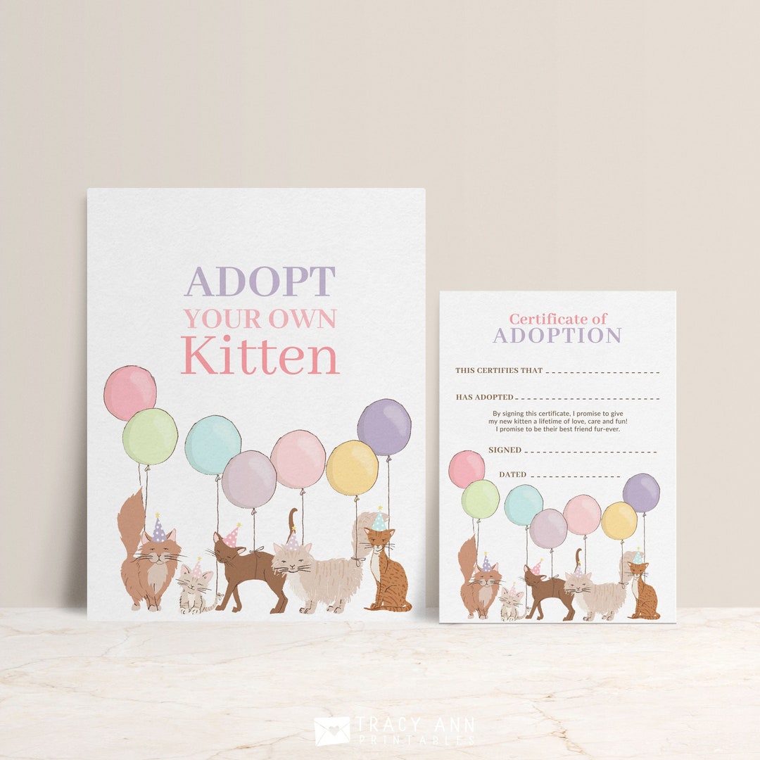 Adopt a Kitten Printable Party Game, Adoption Certificate and Sign ...