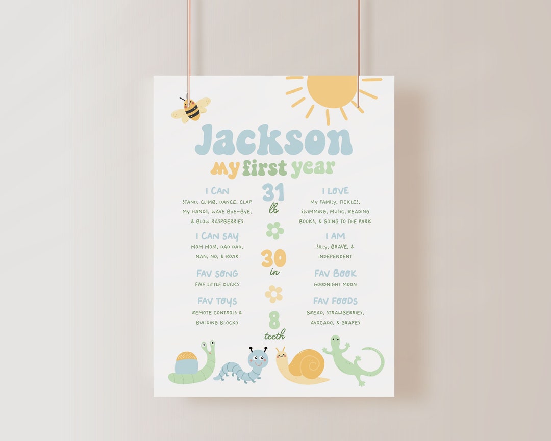 Boy First Birthday Stats Board, 1st Birthday Milestone Poster Template ...