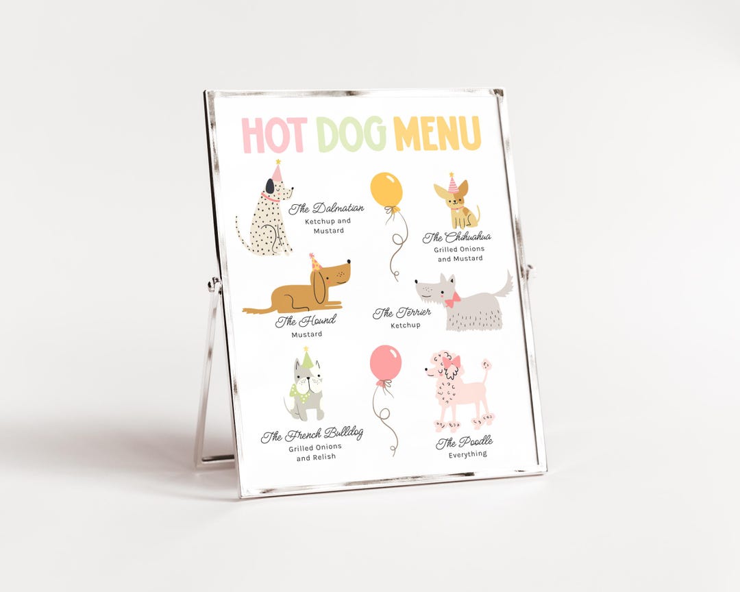 Hot Dog Menu, Printable Puppy Birthday Menu Sign Template B986 - Etsy