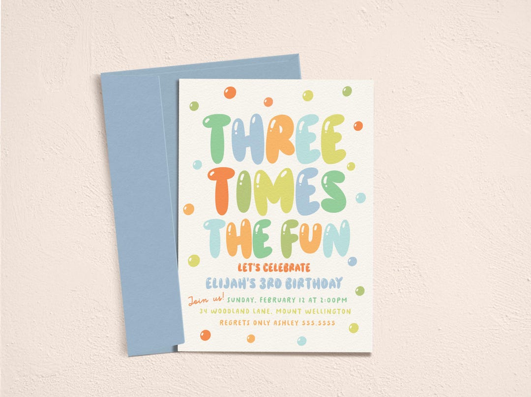 Three Times the Fun Invitation, Bubble Balloon Letter Boy 3rd Birthday ...