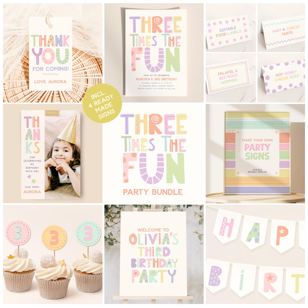 Three Times the Fun Invitation and Party Decorations, Girl 3rd Birthday ...