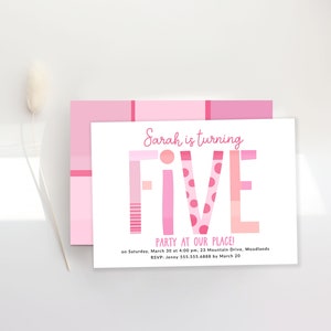 Pink 5th Birthday Invitation, Editable Modern Fifth Birthday Party ...