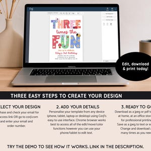 Three Times the Fun Invitation, Spring Girl 3rd Birthday Party Invite ...