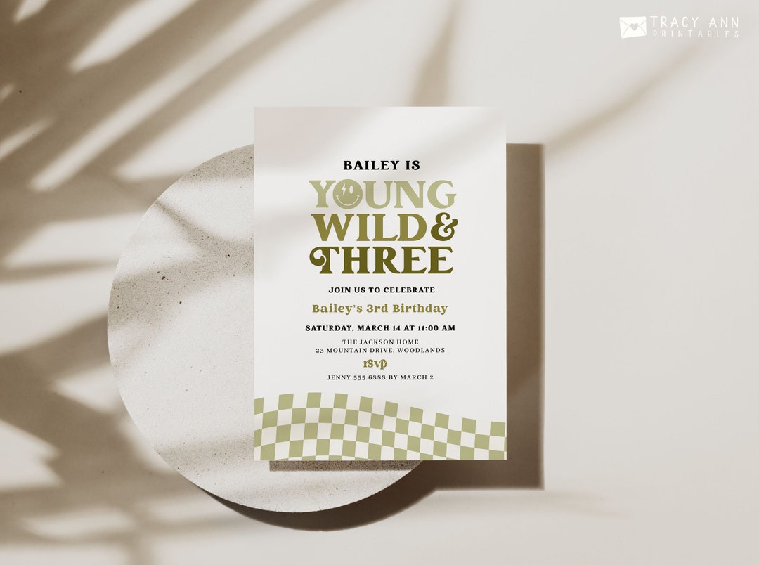 Wild and Three Invitation Retro Themed Boy 3rd Birthday Invite Smiley ...