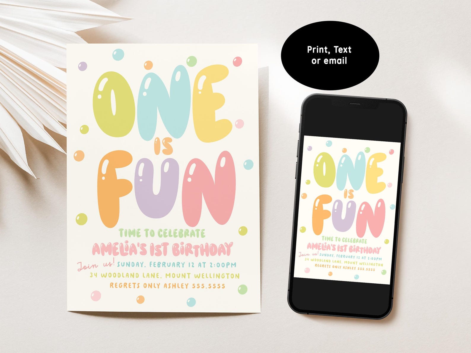 One is Fun Invitation Set, Girl 1st Birthday Invitation Bundle, Balloon ...